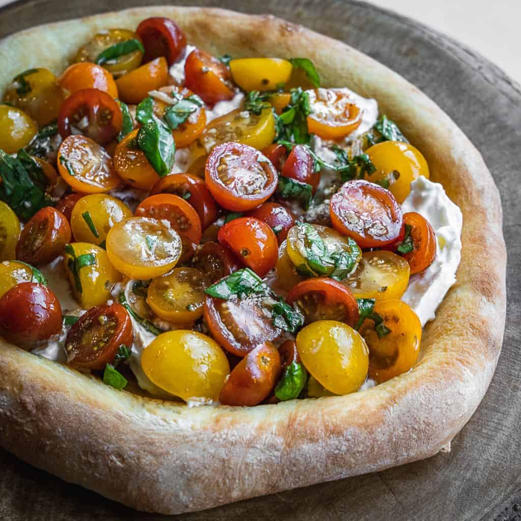 Bruschetta Pizza with Burrata and Cherry Tomatoes - Urban Farm and Kitchen