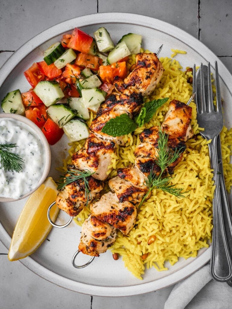 Greek Chicken Souvlaki Skewers Recipe (with Sides) - Urban Farm and Kitchen