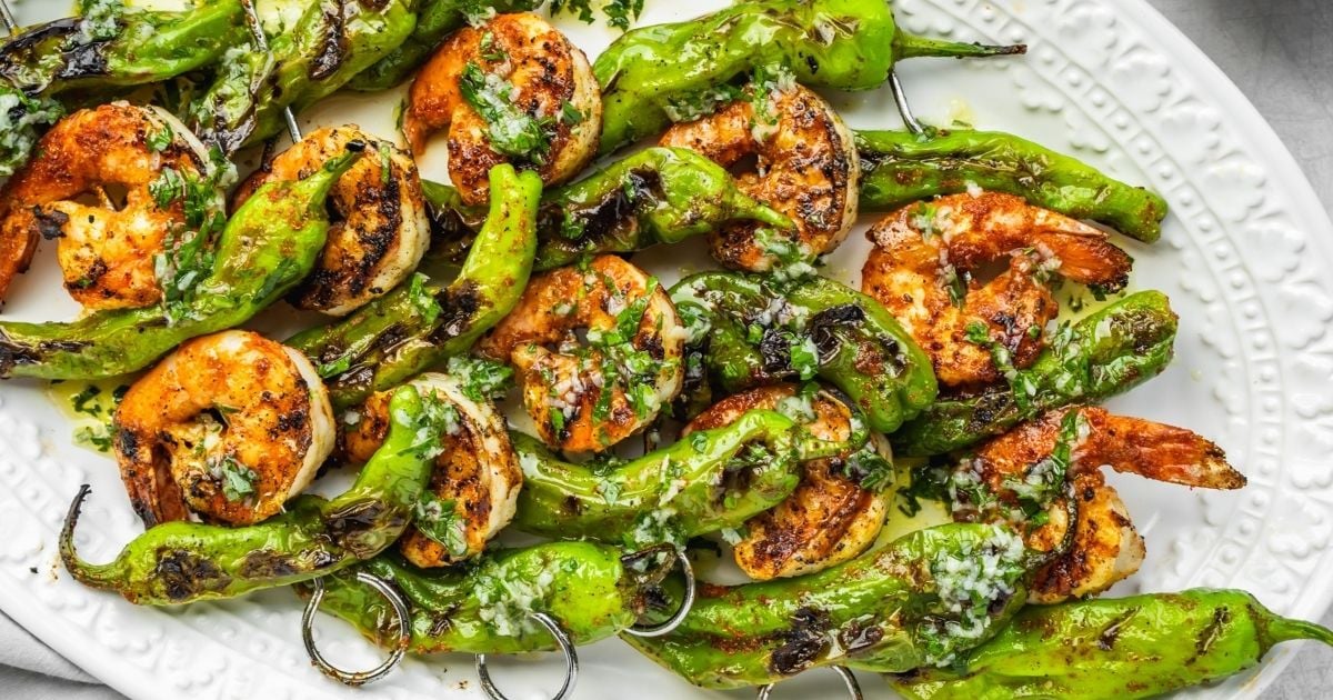 Prawn and Shishito Skewers (With Lemon Garlic Oil Dressing) - Urban ...